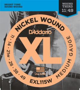 d'addario exl115wx5 (5 sets) electric guitar strings, 3rd string wound, nickel, round wound, blues/jazz rock (.011-.049)