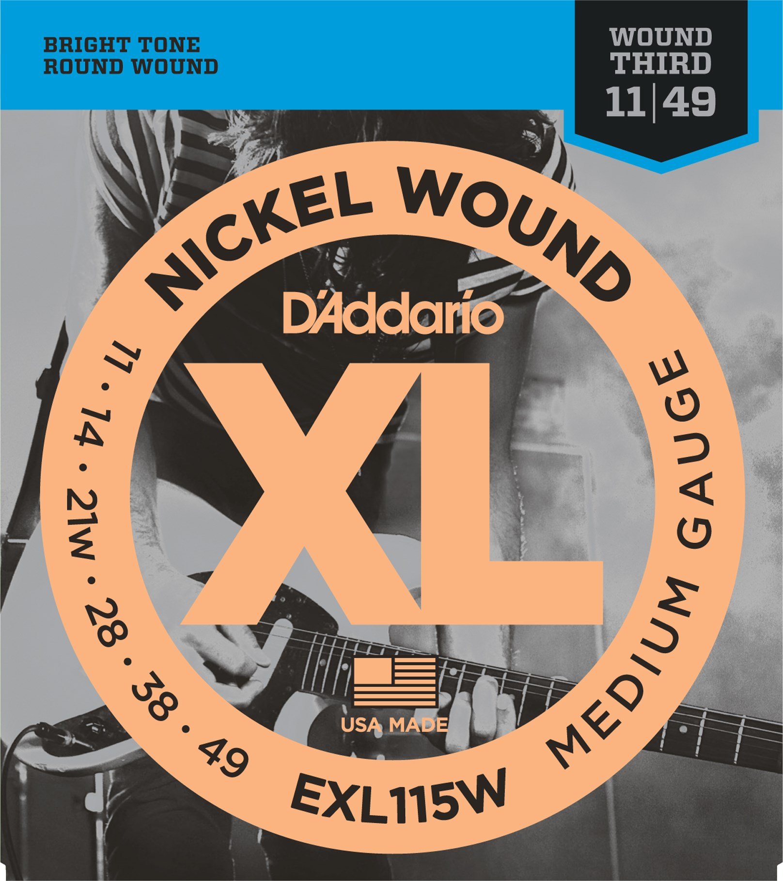 D'Addario EXL115Wx5 (5 sets) Electric Guitar Strings, 3rd String Wound, Nickel, Round Wound, Blues/Jazz Rock (.011-.049)