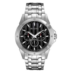 bulova men's classic dress 6-hand multi-function day/date quartz watch, black patterned dial, 43mm