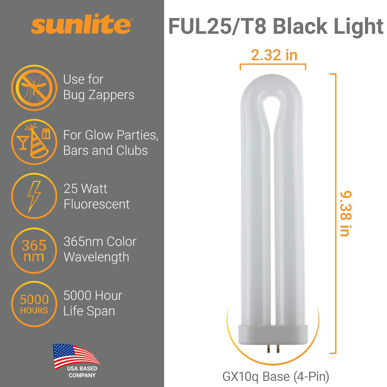 Sunlite 05165-SU FUL25T8 Fluorescent Black Light Bulb, 25 Watts, GX10q 4-Pin Base, UV Light, 365nm Color Wavelength, 5,000 Hour Life Span, Perfect for Bug Zappers, Clubs, Restaurants, Bars, 1 Pack