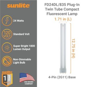 Sunlite FT24DL/835 Plug-in Twin Tube Compact Fluorescent Lamp, FT 4-Pin, 24 Watts, 1800 Lumens, 3500K Neutral White, 4-Pin (2G11) Base, 120 Volts, 1 Pack