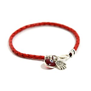 hamsa hand protection bracelet for women - silver hamsa charm on red leather evil eye bracelet - ojo jewelry - birthday anniversary friendship gift