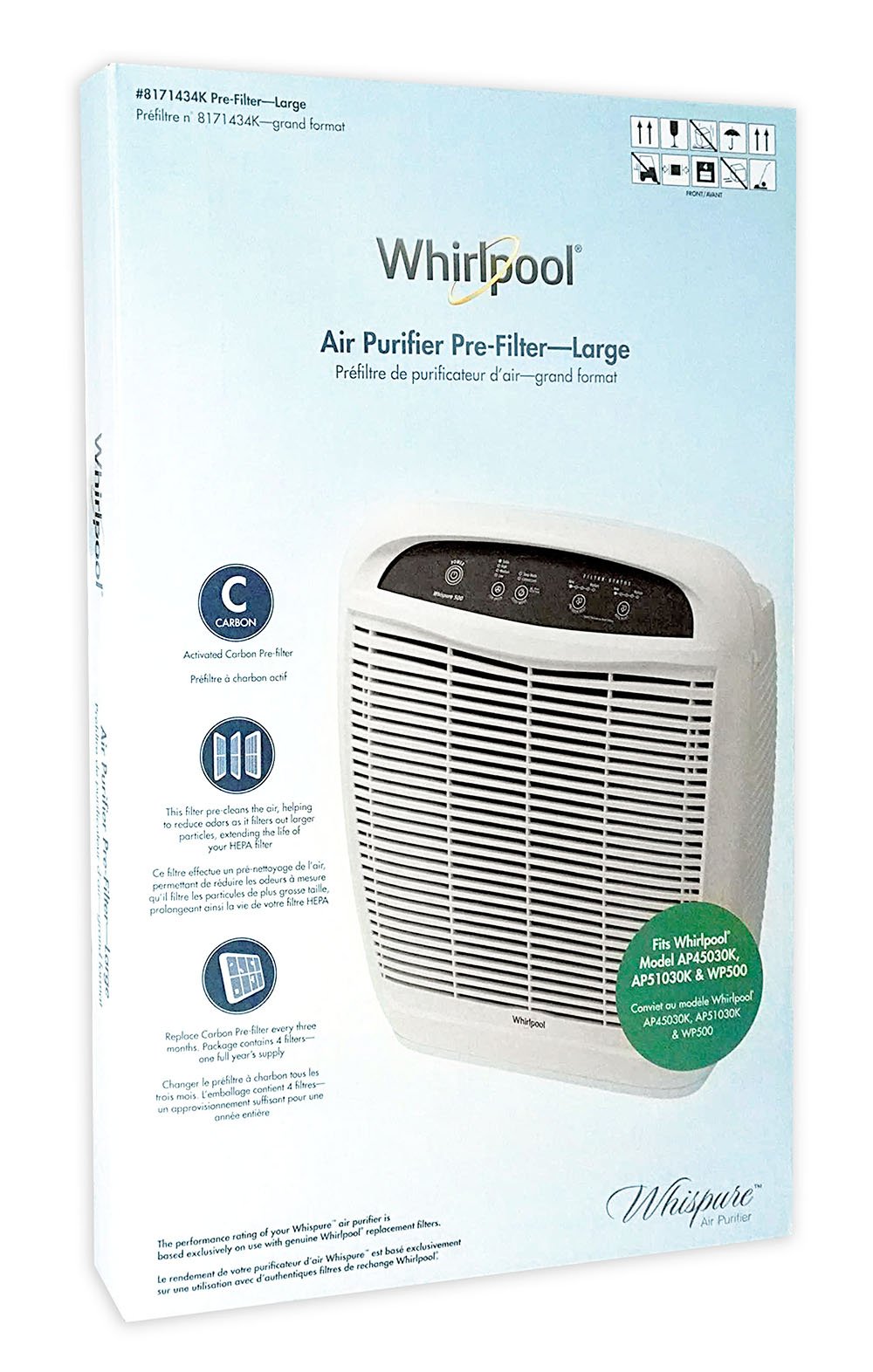 Whirlpool 8171434K (8171434), 4-Pack (Large), Air Purifier Active Carbon Pre-Filters, Fits Air Purifier Model AP51030K, AP45030K, APR45130L, WP500, 18x16.5 inch