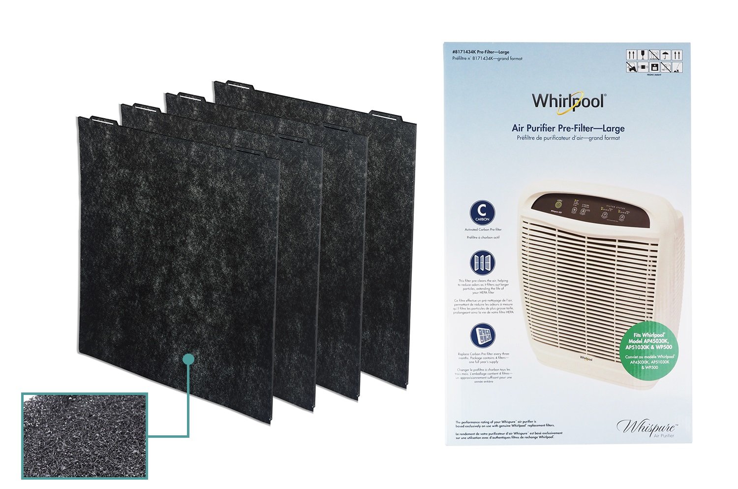 Whirlpool 8171434K (8171434), 4-Pack (Large), Air Purifier Active Carbon Pre-Filters, Fits Air Purifier Model AP51030K, AP45030K, APR45130L, WP500, 18x16.5 inch