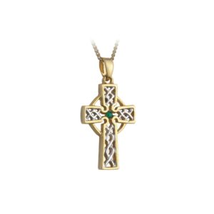 biddy murphy celtic gold plated cross necklace, emerald green cz cubic zirconia stone, woven filigree silver plated inlay, 18" in, irish pendant jewelry for women, made in ireland