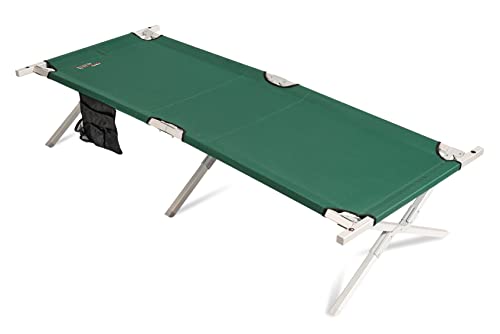 BYER OF MAINE Military Cot - Cots for Sleeping, Camping Cots for Adults, Camping Essentials with Storage, Heavy Duty, Steel, 375lbs, Polyester, Green