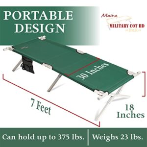 BYER OF MAINE Military Cot - Cots for Sleeping, Camping Cots for Adults, Camping Essentials with Storage, Heavy Duty, Steel, 375lbs, Polyester, Green