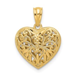 14k two-tone reversible filigree heart pendant, 14 kt white and yellow gold