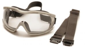 pyramex capstone chemical splash goggle with clear anti-fog lens and gray frame includes cloth strap