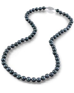 the pearl source 14k gold 5.0-5.5mm round genuine black japanese akoya saltwater cultured pearl necklace in 20" matinee length for women