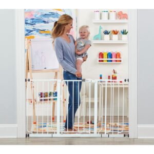 regalo 56-inch extra widespan walk through baby gate, includes 4-inch, 8-inch and 12-inch extension, 8 piece set - 4 pack of pressure mounts and 4 pack of wall cups and mounting kit, white