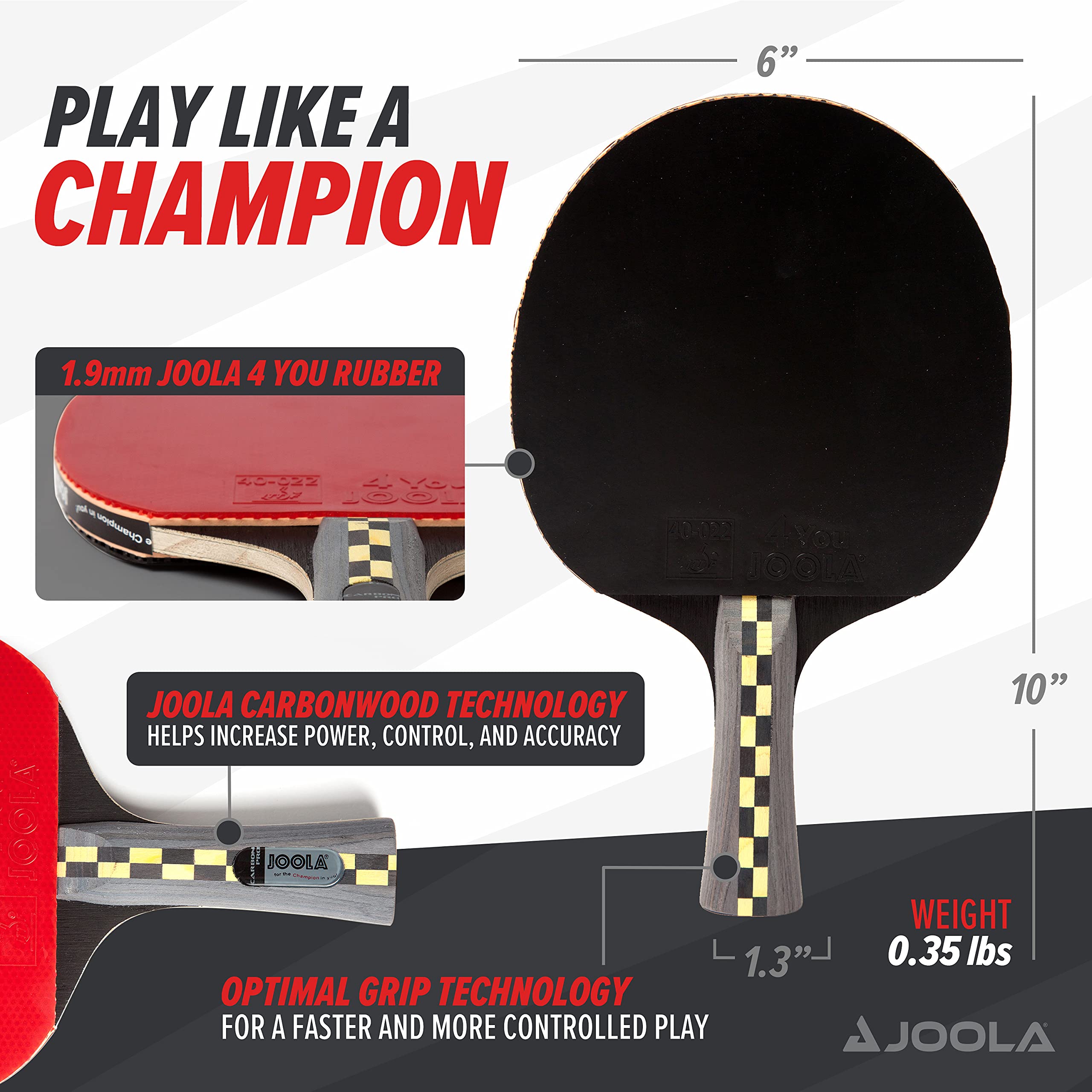 JOOLA Carbon Pro Professional Ping Pong Paddle - Racket with Carbonwood Technology & Red/Black JOOLA 4 You Rubber - Table Tennis Racket Designed for Speed