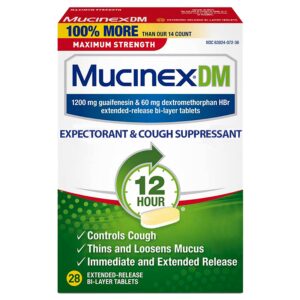 mucinex dm maximum strength 12-hour expectorant and cough suppressant tablets, 28 count