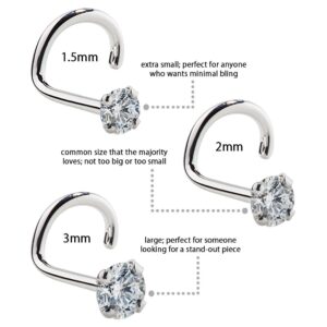 FreshTrends Cubic Zirconia Stud Nose Rings Twist - Nickel-Free 14K White Gold Nose Screw - 1.5mm, 2mm, 3mm 20 Gauge Nose Stud | Nose Ring Stud in 14K White Gold | 20G Nose Stud