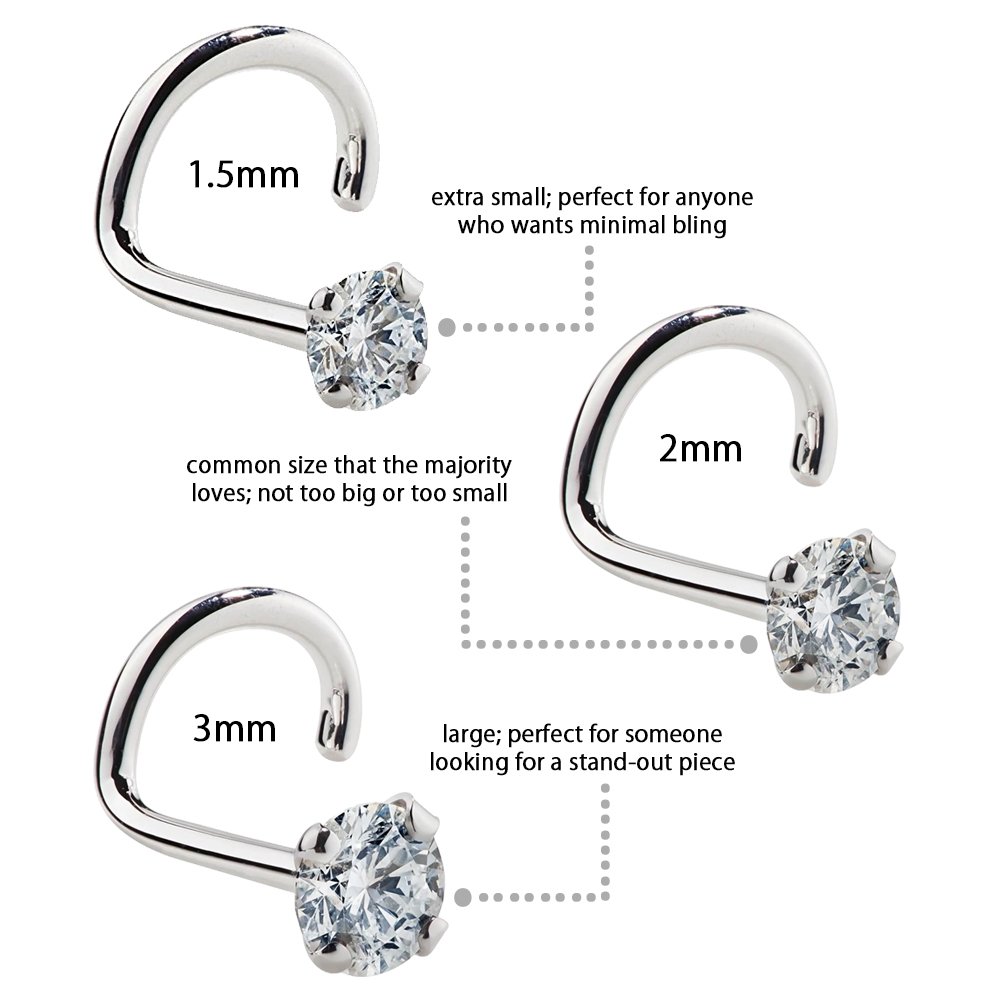 FreshTrends Cubic Zirconia Stud Nose Rings Twist - Nickel-Free 14K White Gold Nose Screw - 1.5mm, 2mm, 3mm 20 Gauge Nose Stud | Nose Ring Stud in 14K White Gold | 20G Nose Stud