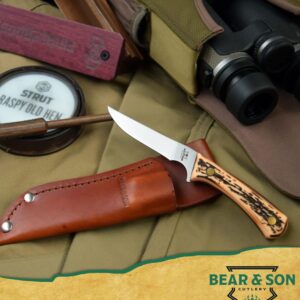 Bear & Son Cutlery 6 1/2” Bird and Trout Knife, 3” 440 High Carbon Stainless Steel Blade, Stag Delrin Handle, Leather Sheath (751)