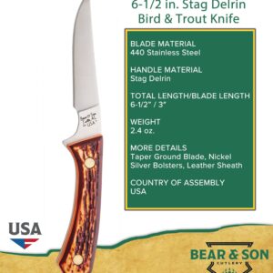 Bear & Son Cutlery 6 1/2” Bird and Trout Knife, 3” 440 High Carbon Stainless Steel Blade, Stag Delrin Handle, Leather Sheath (751)