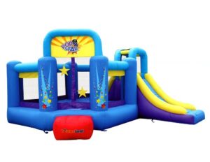 bounceland pop star inflatable bounce house bouncer, large bouncing area with long slide, climbing wall, basketball hoop, ul 1hp blower included, 15 ft x 13 ft x 8.3 ft h, pop star kids party theme