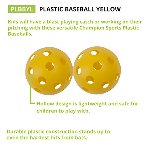 Champion Sports 9" Hollow Plastic Baseballs - Athletic Baseball Equipment - Regulation Size Balls - Fun for All Ages - Lightweight/Durable - Pack of 12 Yellow