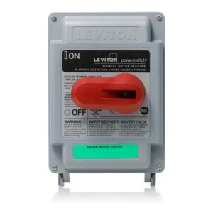 leviton ms4x-303 30 amp, 600 vac, 3-pole, non-fused manual motor starter, suitable as motor disconnect, type 4x thermoplastic enclosure, ip67-watertight