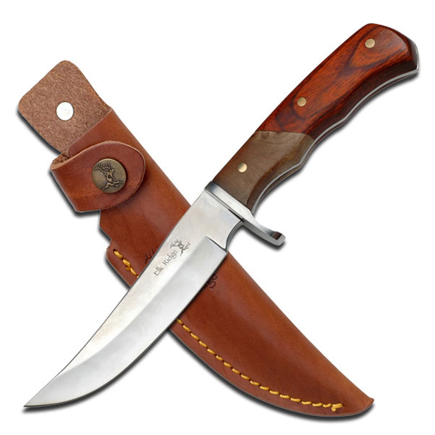 Elk Ridge - Outdoors Fixed Blade Knife, 9.5-in Overall, Satin Finish Stainless Steel Blade, 2 Tone burl Wood Handle, Genuine Leather Sheath, Hunting, Camping, Survival - ER-085