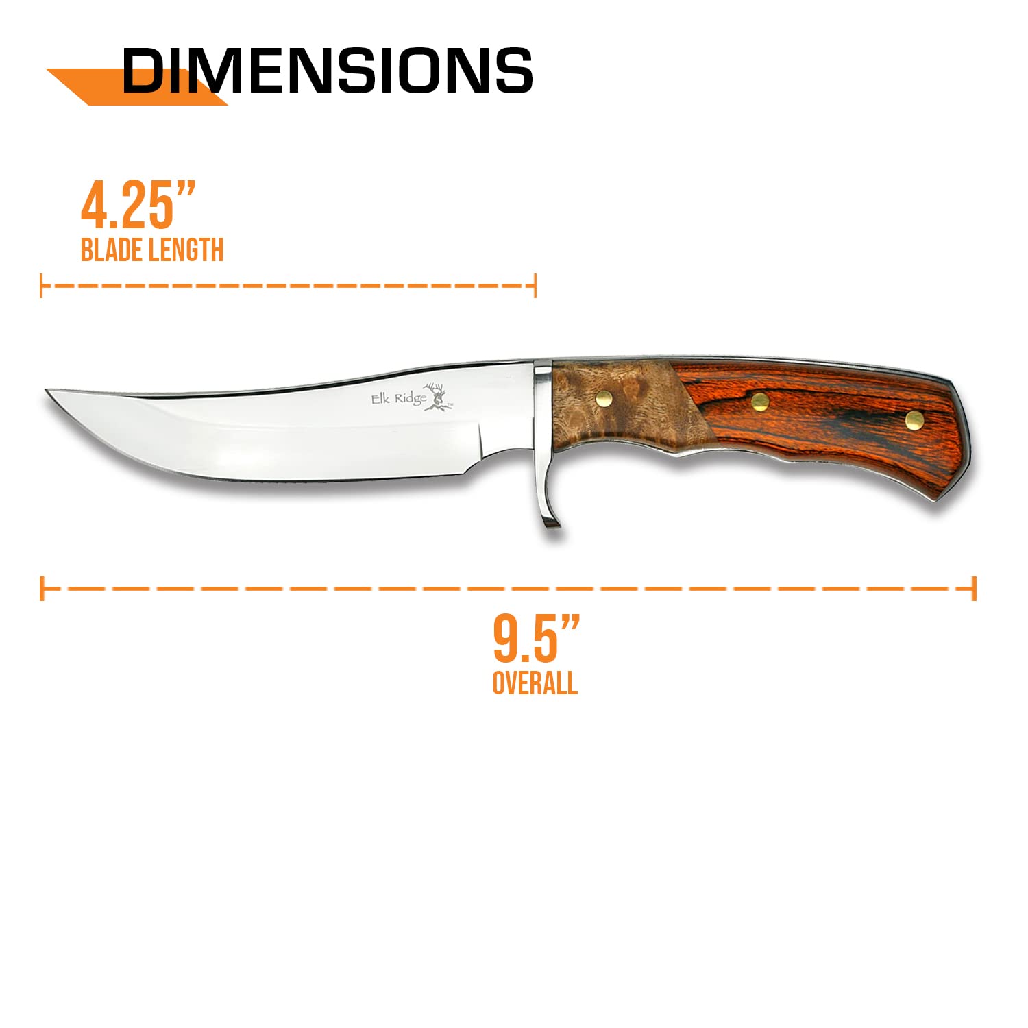 Elk Ridge - Outdoors Fixed Blade Knife, 9.5-in Overall, Satin Finish Stainless Steel Blade, 2 Tone burl Wood Handle, Genuine Leather Sheath, Hunting, Camping, Survival - ER-085