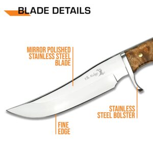 Elk Ridge - Outdoors Fixed Blade Knife, 9.5-in Overall, Satin Finish Stainless Steel Blade, 2 Tone burl Wood Handle, Genuine Leather Sheath, Hunting, Camping, Survival - ER-085