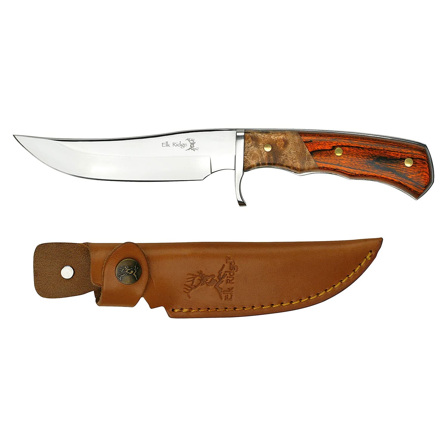 Elk Ridge - Outdoors Fixed Blade Knife, 9.5-in Overall, Satin Finish Stainless Steel Blade, 2 Tone burl Wood Handle, Genuine Leather Sheath, Hunting, Camping, Survival - ER-085