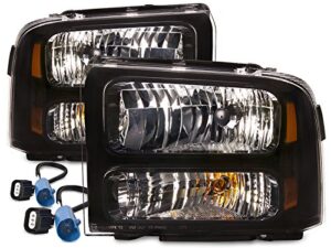 headlightsdepot conversion to 05-07 style harley-style black housing halogen headlights compatible with ford excursion f-250 f-350 f-450 f-550 super duty 1999-2007