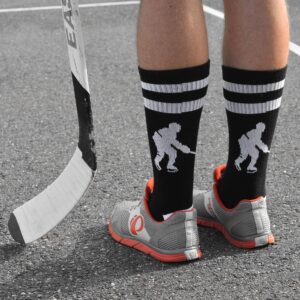 ChalkTalkSPORTS Hockey Half Cushioned Crew Socks | Hockey Player | Black/White