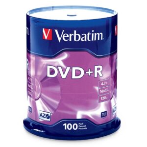 verbatim dvd+r blank discs azo dye 4.7gb 16x recordable disc - 100 discs spindle silver frustration free packaging