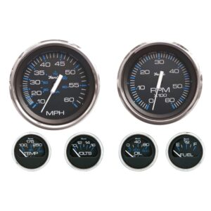 faria beede instruments faria ktf003 chesapeake stainless steel inboard 6-gauge boxed set - speedometer/tachometer/fuel level/voltmeter/water temp/oil psi, black