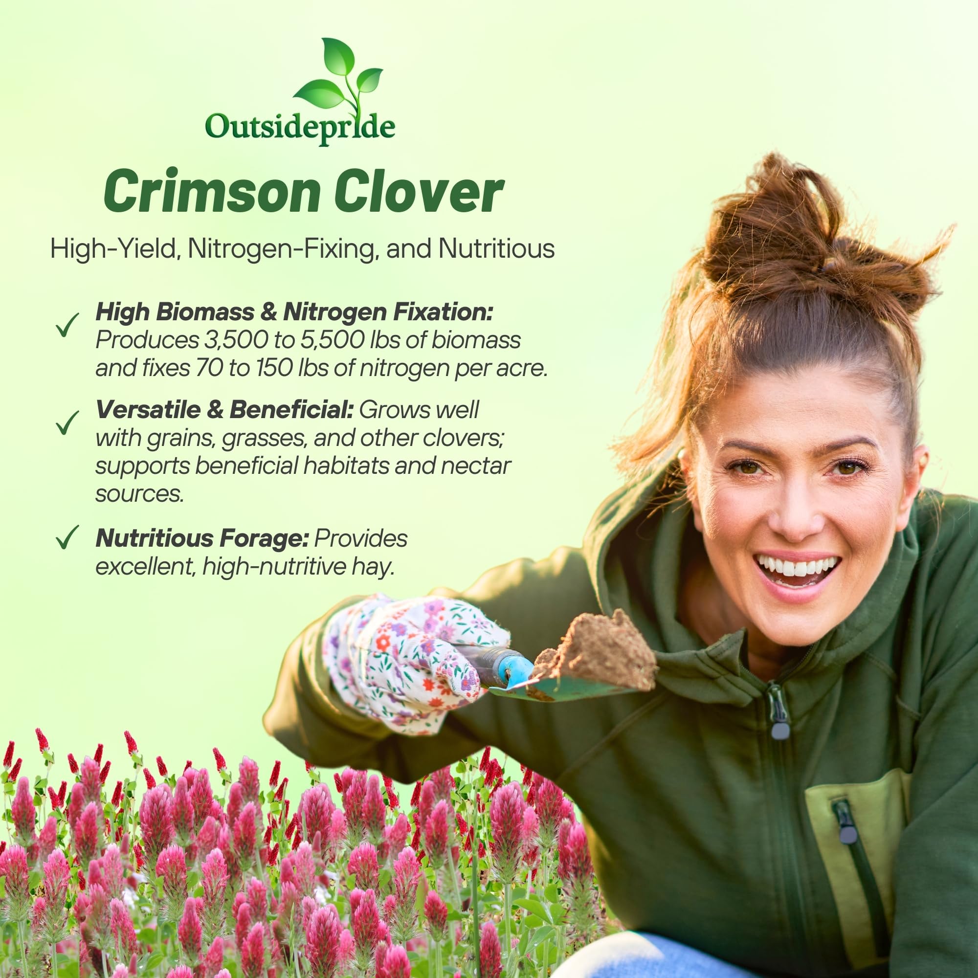 Outsidepride Crimson Clover Seeds - 10 lbs. Annual, Nitrocoated, & Inoculated Ground Cover Seeds, Ideal Clover Seed for Lawn, Cover Crop, Pasture, Hay, Green Manure & Wildlife Forage