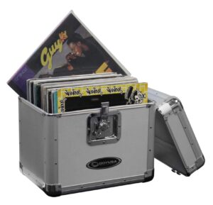 odyssey krom series record utility case for 70 individual 12" vinyl records and lps with foam-lined interior, secure lock, and handle, silver