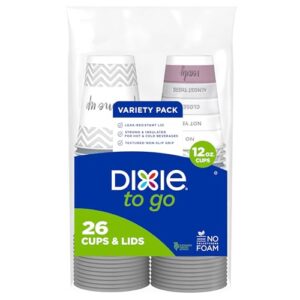 dixie to go hot beverage cups & lids, 12 oz, 156 count, assorted designs, 6 packs of 26 count, disposable paper coffee cups & lids