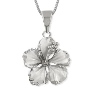 hawaiian silver jewelry hibiscus pendant necklace – 16 plus 2-inch sterling silver chain necklace with hibiscus flower pendant – italian made silver chain – sophisticated silver flower pendant