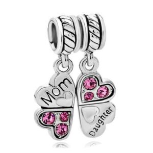 queenberry sterling silver mom daughter love heart pink crystal mother's day gift family european bead charm