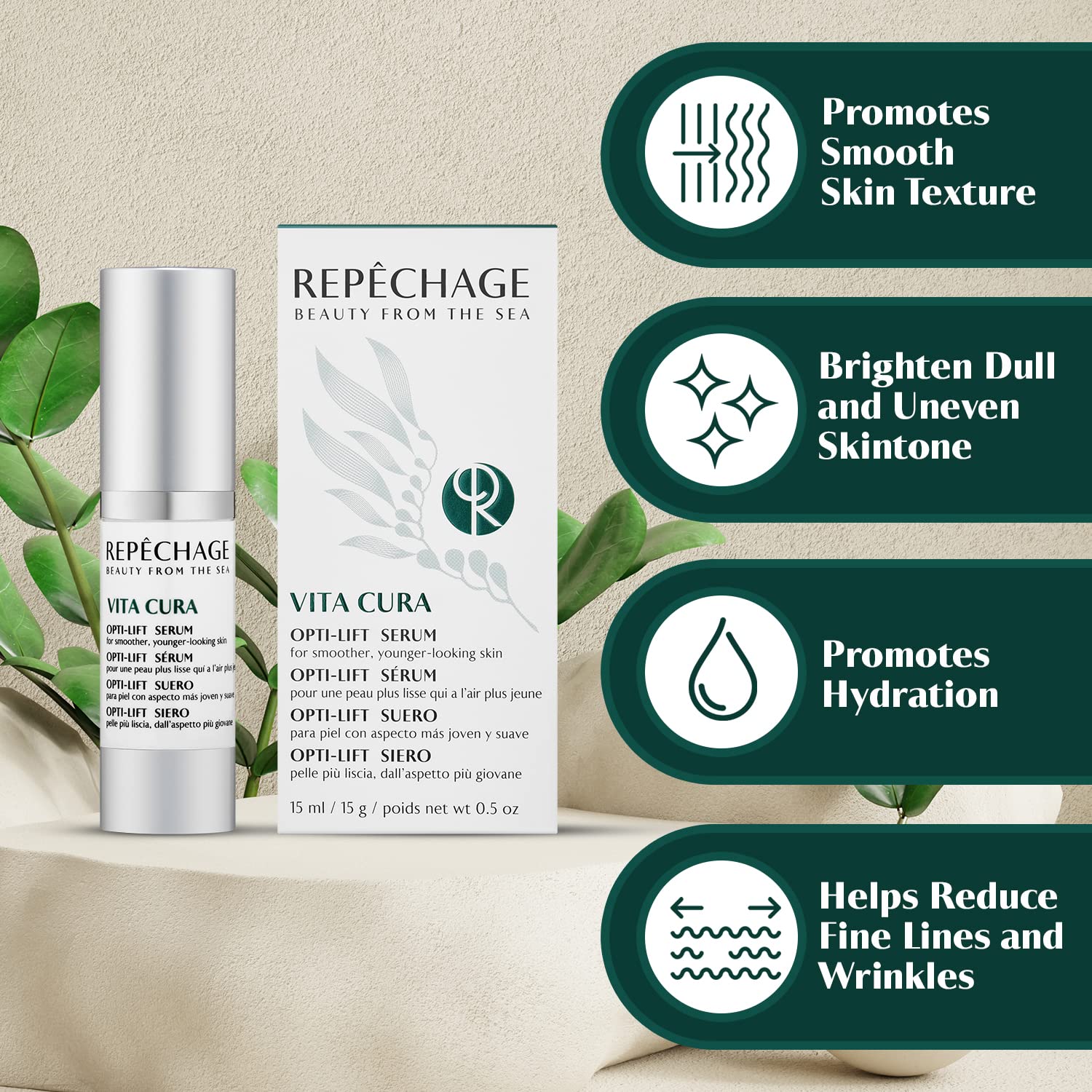 Repechage Vita Cura Opti-Lift Serum - Anti Aging Eye Contour Lifting Effect to Smooth Out Look of Wrinkles and Crow's Feet with Almond Protein, Seaweed Extracts, and Peptides, 15ml /0.5fl oz.