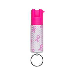 sabre pepper spray with key ring, 25 bursts, 10-foot (3-meters) range, uv marking dye, twist lock safety, supports the national breast cancer foundation (nbcf), pink