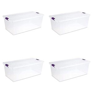 sterilite 110 qt clearview latch storage box, stackable bin with latching lid, plastic container organize clothes in closet, clear base, lid, 4-pack