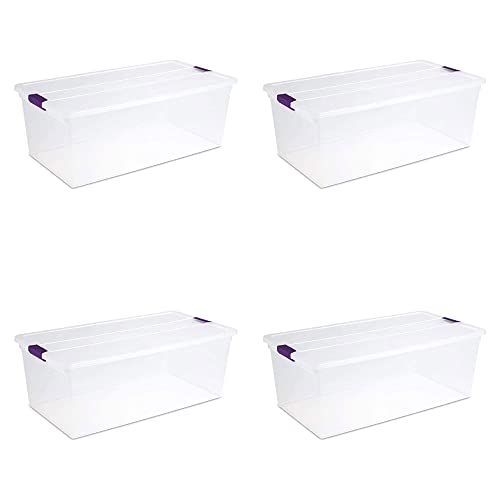 Sterilite 110 Qt ClearView Latch Storage Box, Stackable Bin with Latching Lid, Plastic Container Organize Clothes in Closet, Clear Base, Lid, 4-Pack