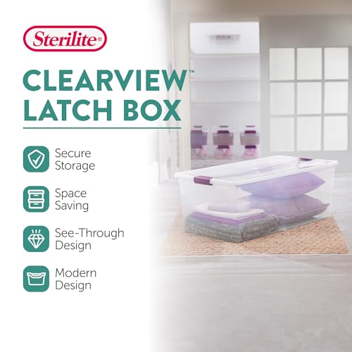 Sterilite 110 Qt ClearView Latch Storage Box, Stackable Bin with Latching Lid, Plastic Container Organize Clothes in Closet, Clear Base, Lid, 4-Pack