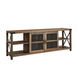 walker edison rustic modern farmhouse metal and wood tv stand for tv's up to 80" universal tv stand for flat screen living room storage cabinets and shelves entertainment center, 70 inch, rustic oak