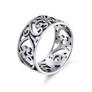 bling jewelry boho fashion .925 sterling silver open swirl filigree wide band ring for teen for women 7mm