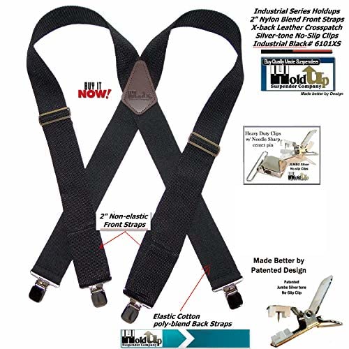 Holdup 2" wide Non-Elastic Industrial Series Black Suspenders for Men with the USA Patented No-Slip Clips