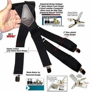 Holdup 2" wide Non-Elastic Industrial Series Black Suspenders for Men with the USA Patented No-Slip Clips