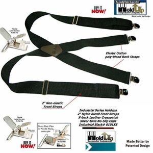 Holdup 2" wide Non-Elastic Industrial Series Black Suspenders for Men with the USA Patented No-Slip Clips