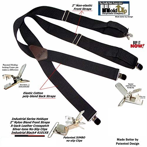 Holdup 2" wide Non-Elastic Industrial Series Black Suspenders for Men with the USA Patented No-Slip Clips