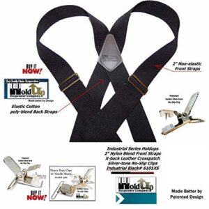 Holdup 2" wide Non-Elastic Industrial Series Black Suspenders for Men with the USA Patented No-Slip Clips