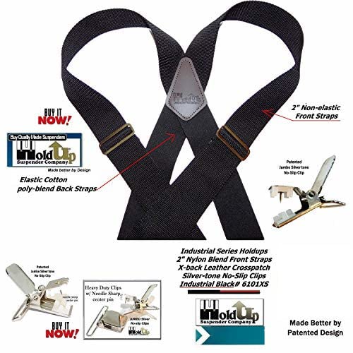 Holdup 2" wide Non-Elastic Industrial Series Black Suspenders for Men with the USA Patented No-Slip Clips